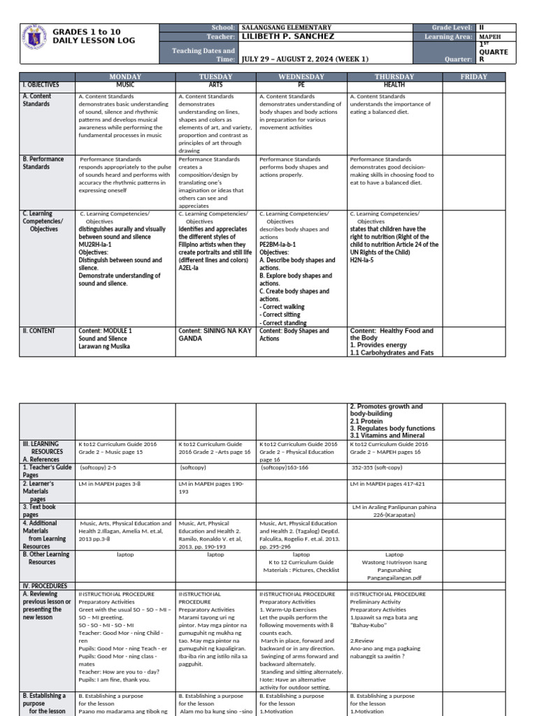 DLL - Mapeh 2 - Q1 - W1 | PDF