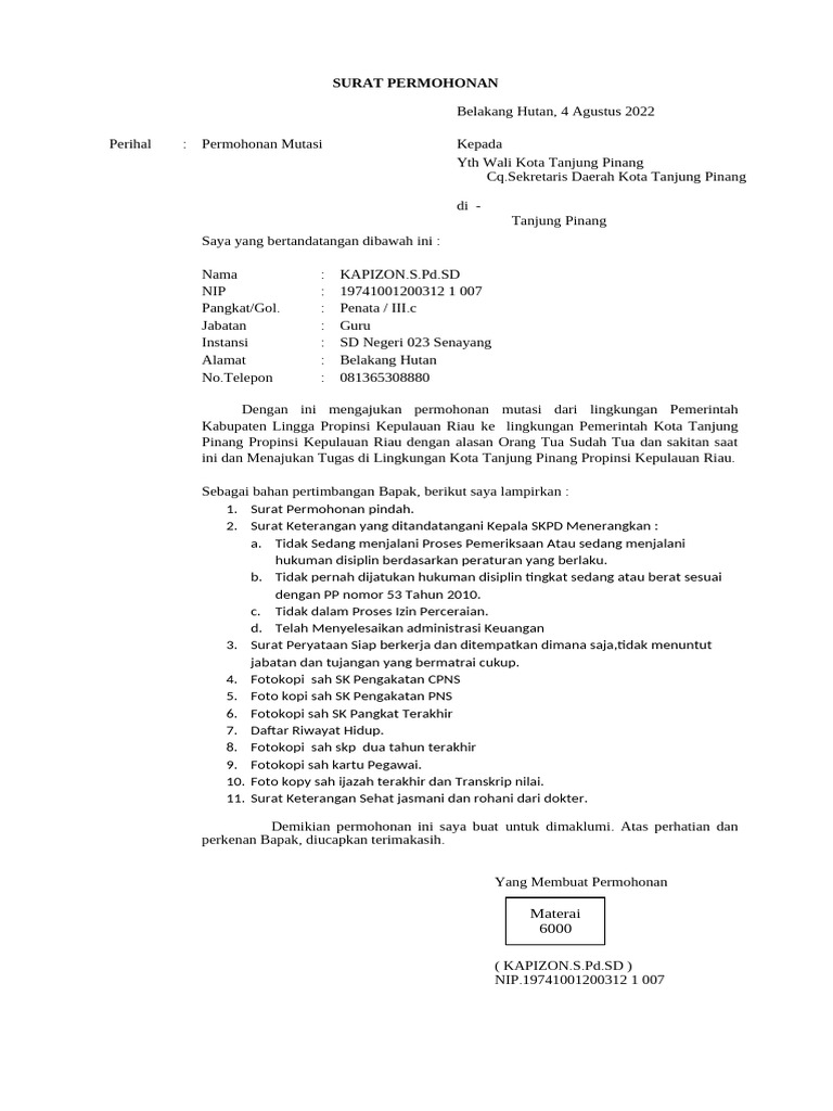 contoh format kelengkapan mutasi | PDF