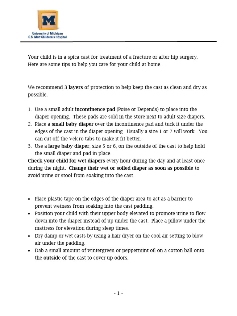 Spica Cast Care Instructions | PDF