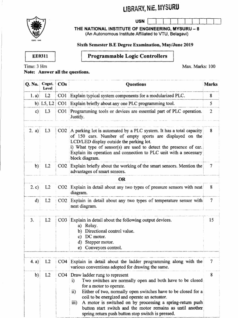 Ee0311 Programmable Logic Controllers Sixth Sem May And June 2019 Pdf 