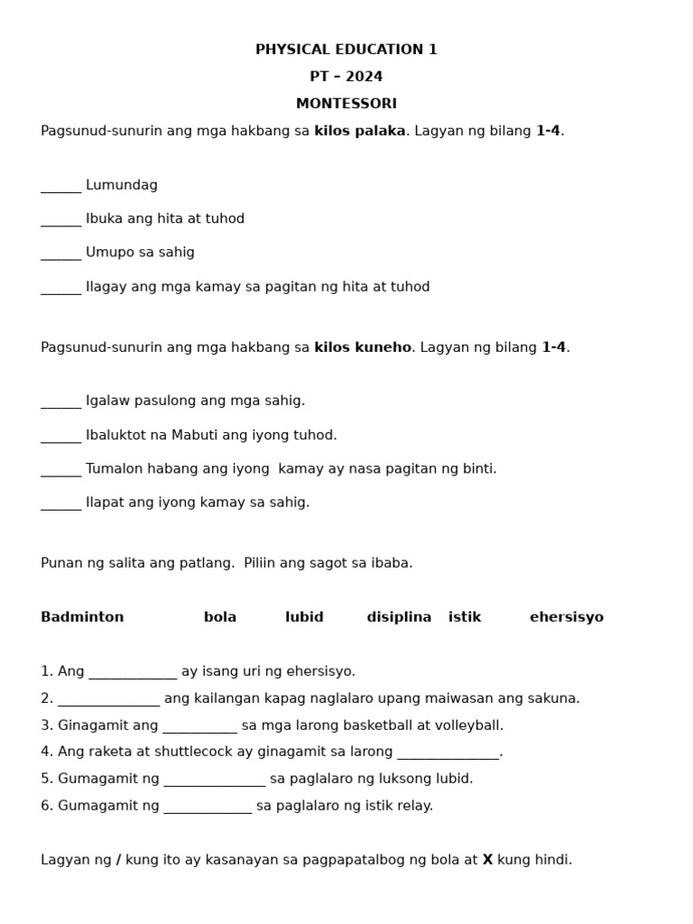 Physical Education 1 PT q4 Montessori | PDF