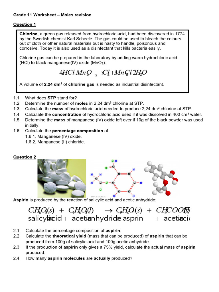 Grade 11 Moles Revision WKSHT | PDF