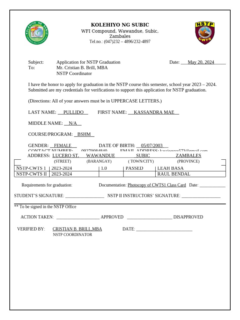 NSTP Application For Graduation | PDF