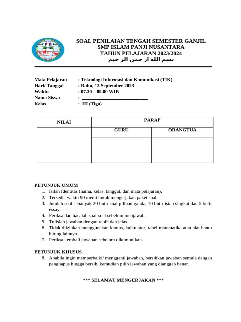 Soal PTS TIK Grade 3 - PTS | PDF