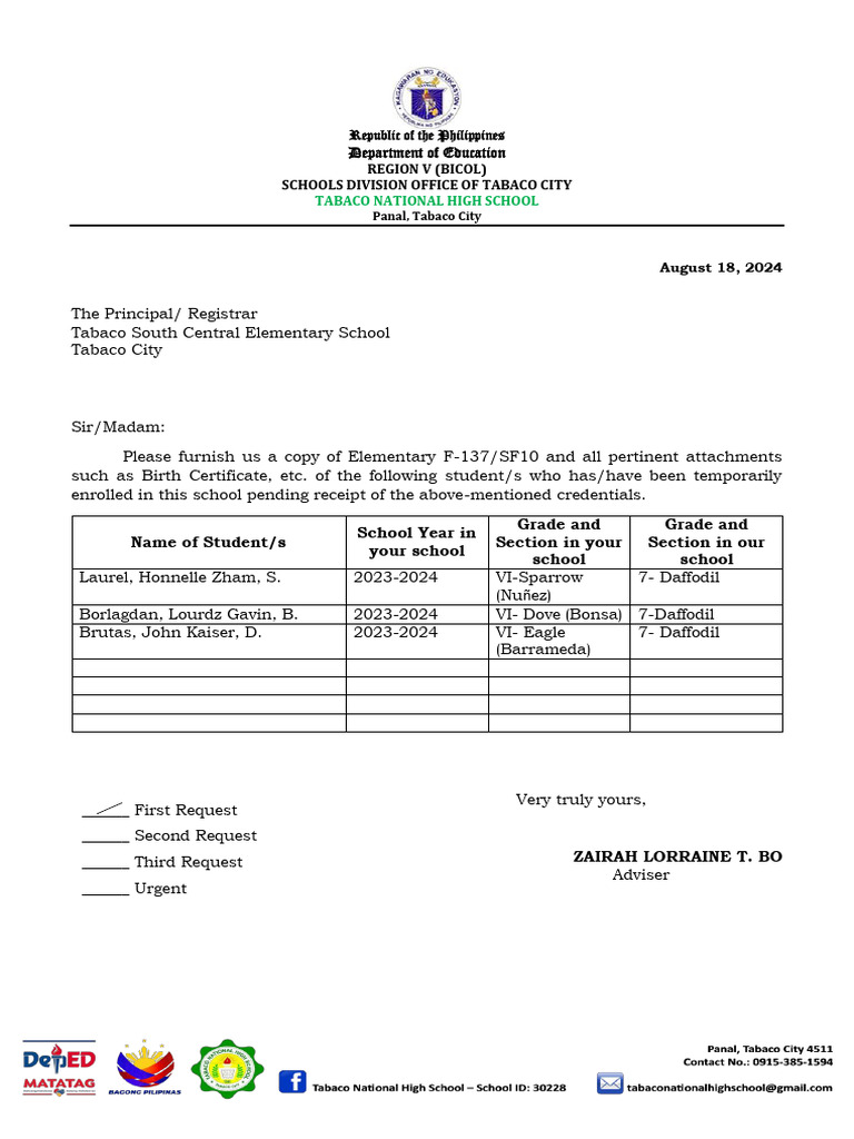 TSCES Request For Elem F137 | PDF