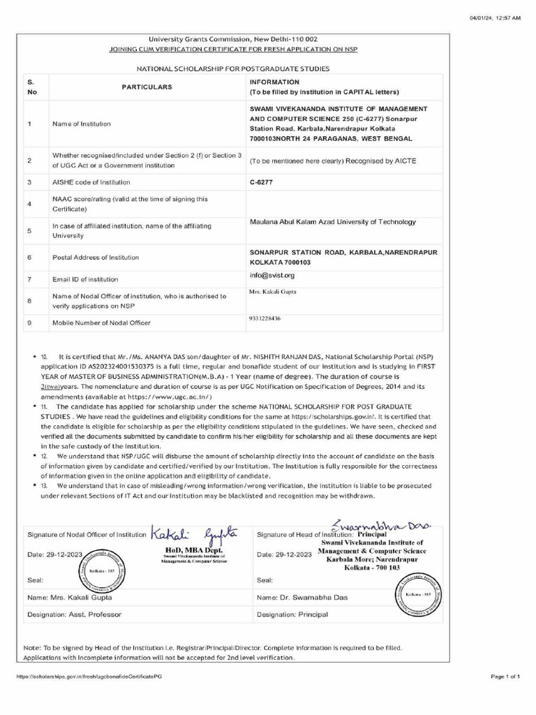Certificate for Fresh Application on Nsp (Update) | PDF