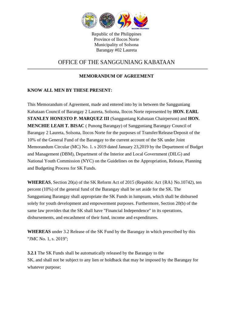 SK Fund Agreement for Barangay Laureta | PDF | Government | Law