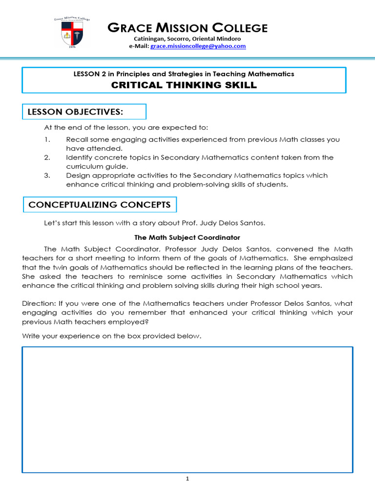 Lesson 2 Principles and Strategies in Teaching Mathematics | PDF | Critical Thinking | Conjecture
