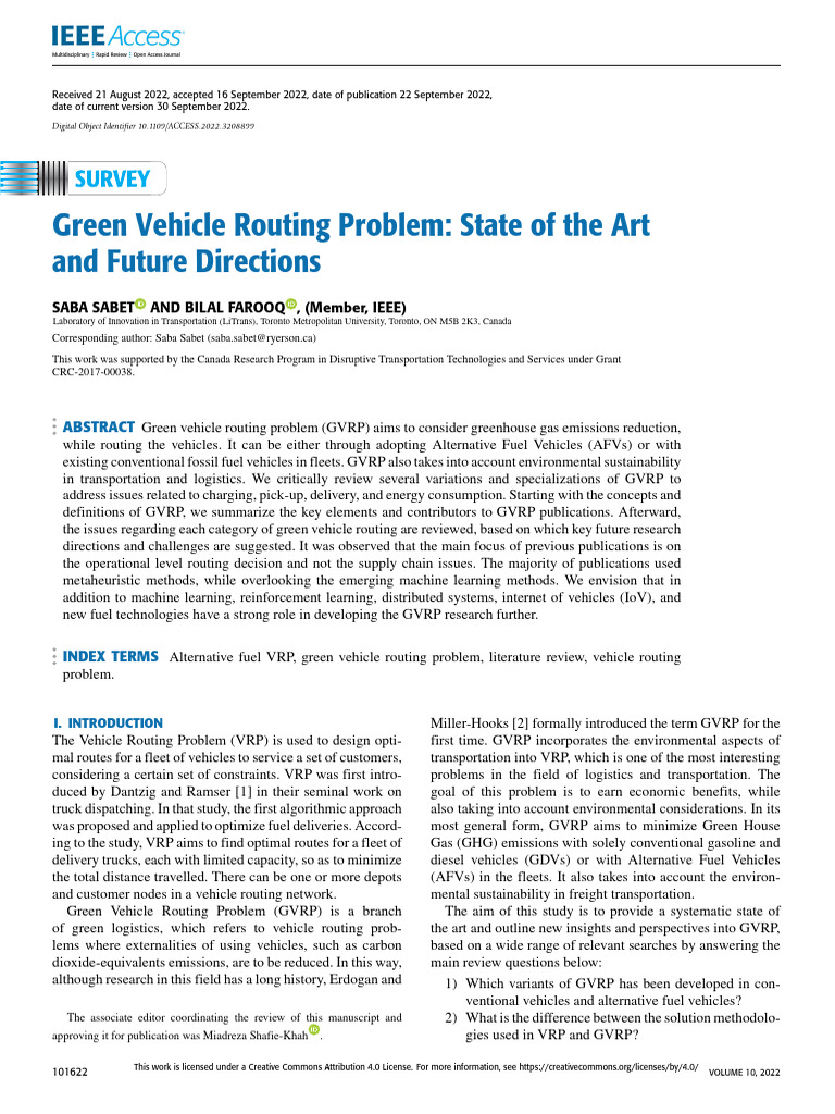 Green Vehicle Routing Problem State of The Art and Future Directions | PDF