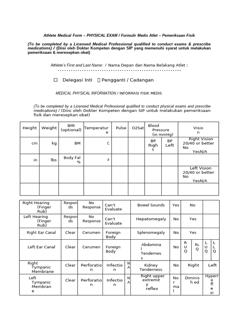 Formulir Medis Atlet - Pemeriksaan Fisik (Diisi Oleh Dokter) | PDF