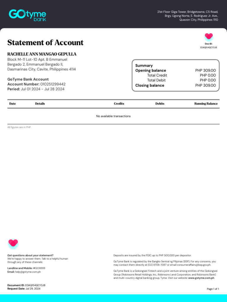 GoTyme Bank Statement Sample | PDF | Philippines | Institutional Investors