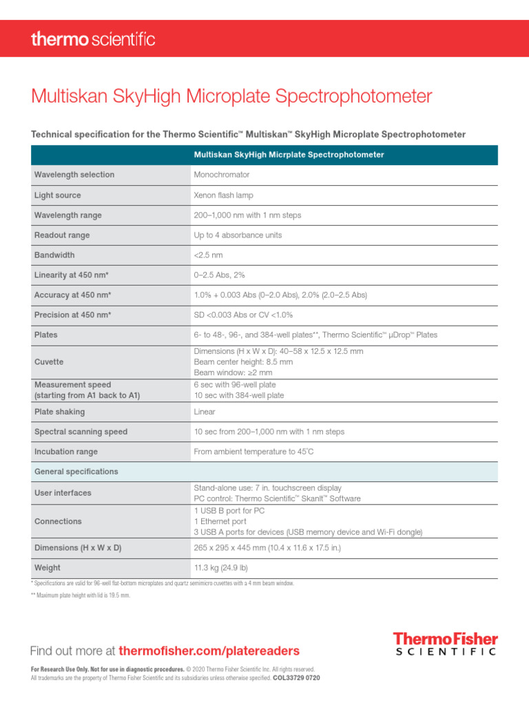 Multiskan SkyHigh - Technical Specifications | PDF