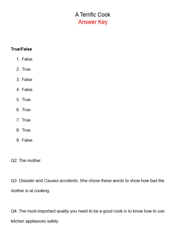 Answer Key: A Terrific Cook | PDF