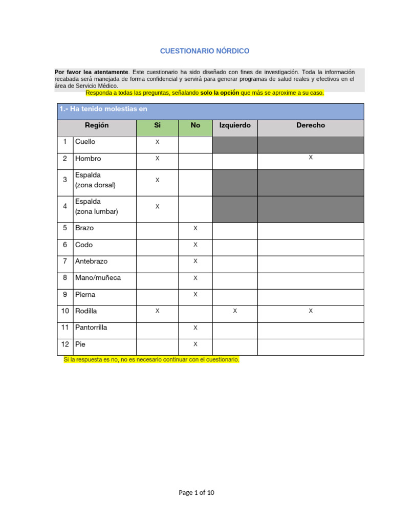 Cuestionario Nordico | PDF