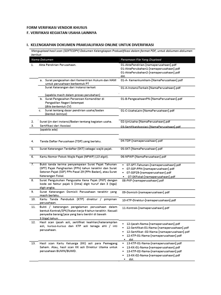 Form Verifikasi Vendor Khusus - Kegiatan Usaha Lainnya | PDF
