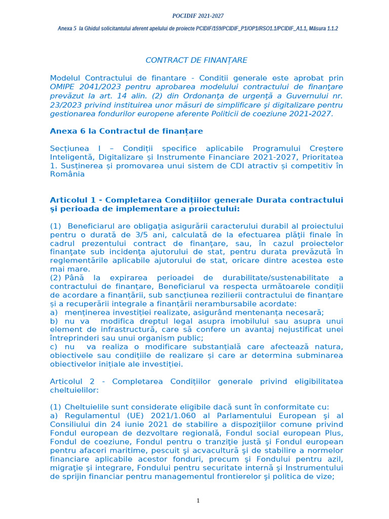 Anexa 5 - Model Contract de Finantare+Conditii Specifice1 | PDF
