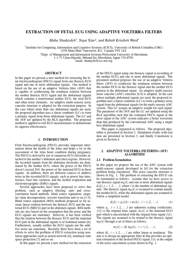 Extraction of Fetal Ecg Using Adaptive Volterra Filters: Maha Shadaydeh, Yegui Xiao, and Rabab ...