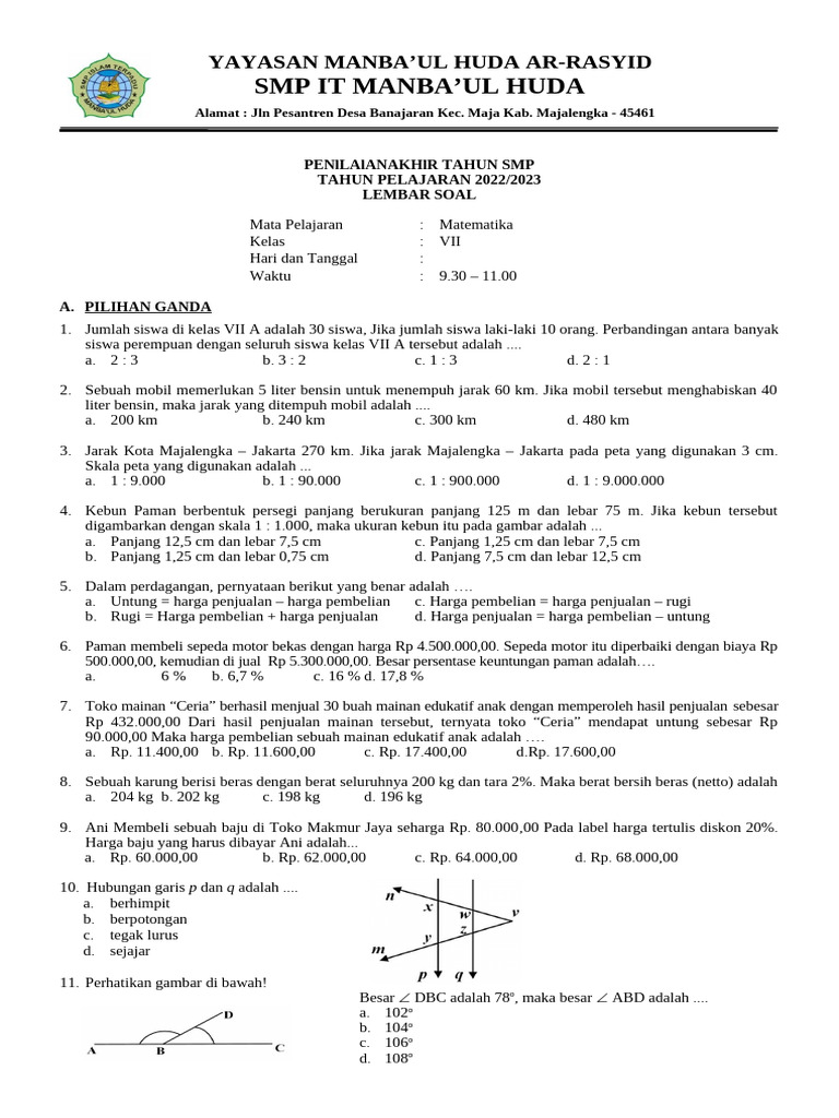 SOAL PAT MAT KELAS VII Ok | PDF