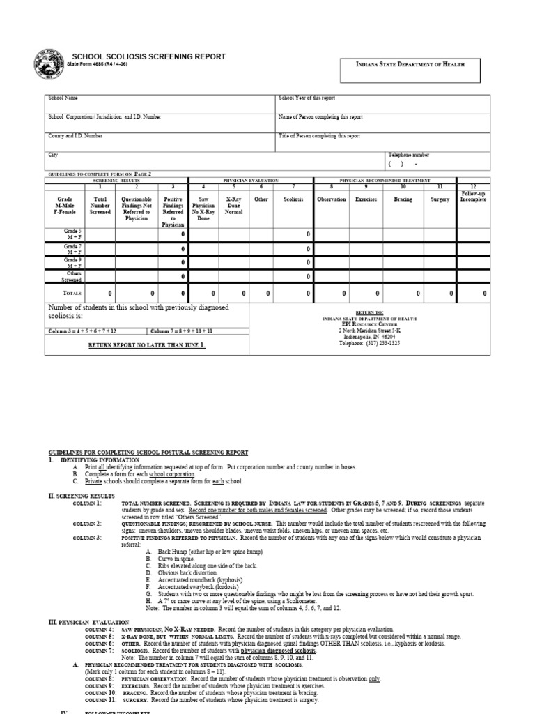 School Scoliosis Screening Report State Form 4685 r44062567 | PDF