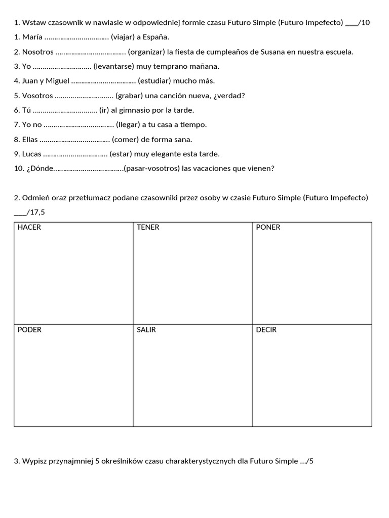 Futuro Simple Kartkówka Pdf