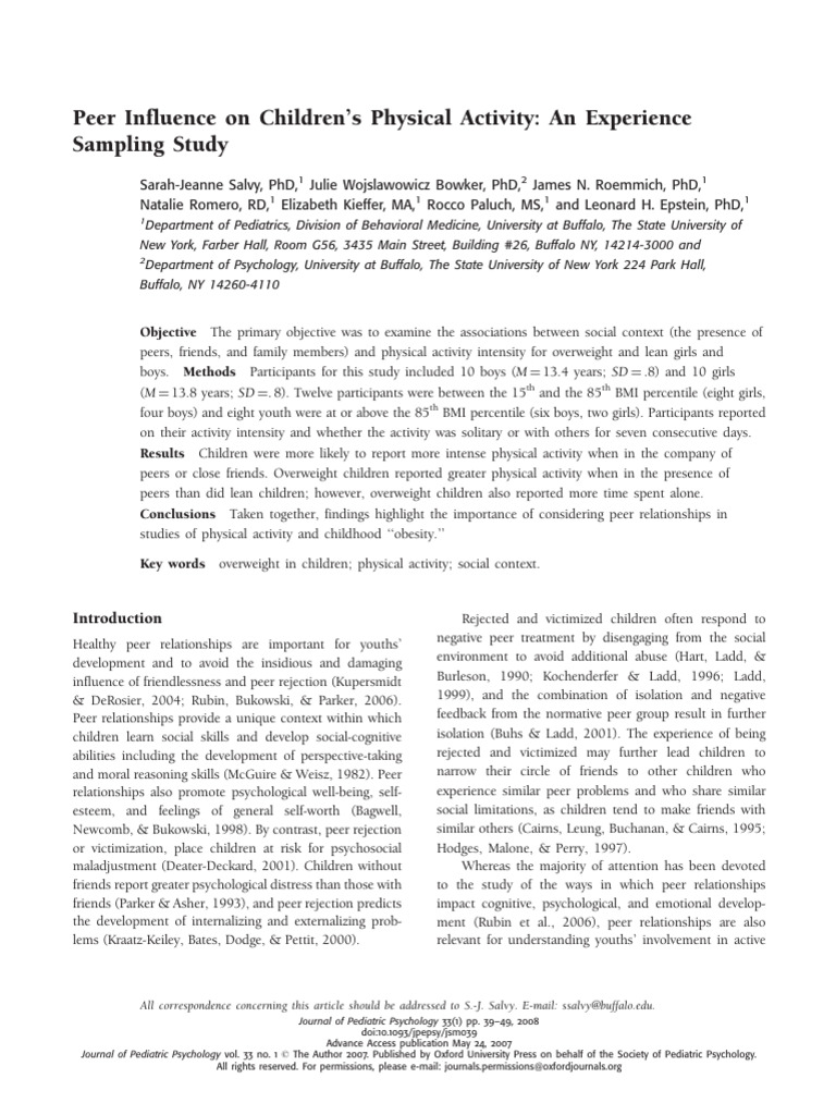 Peer Influence On Children's Physical Activity An Experience Sampling Study | PDF