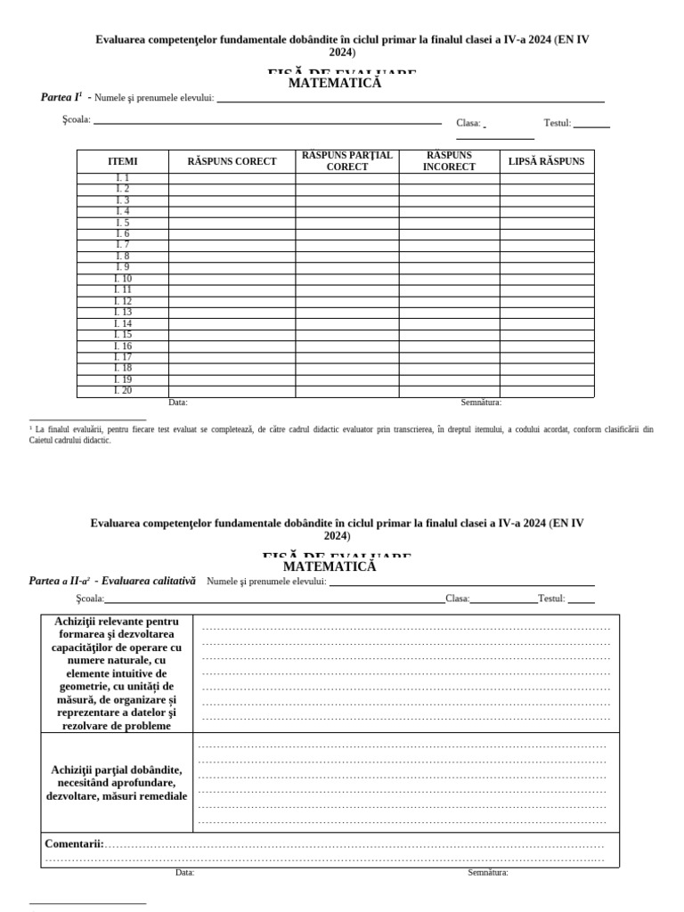 En IV 2024 Matematica Fisa de Evaluare | PDF