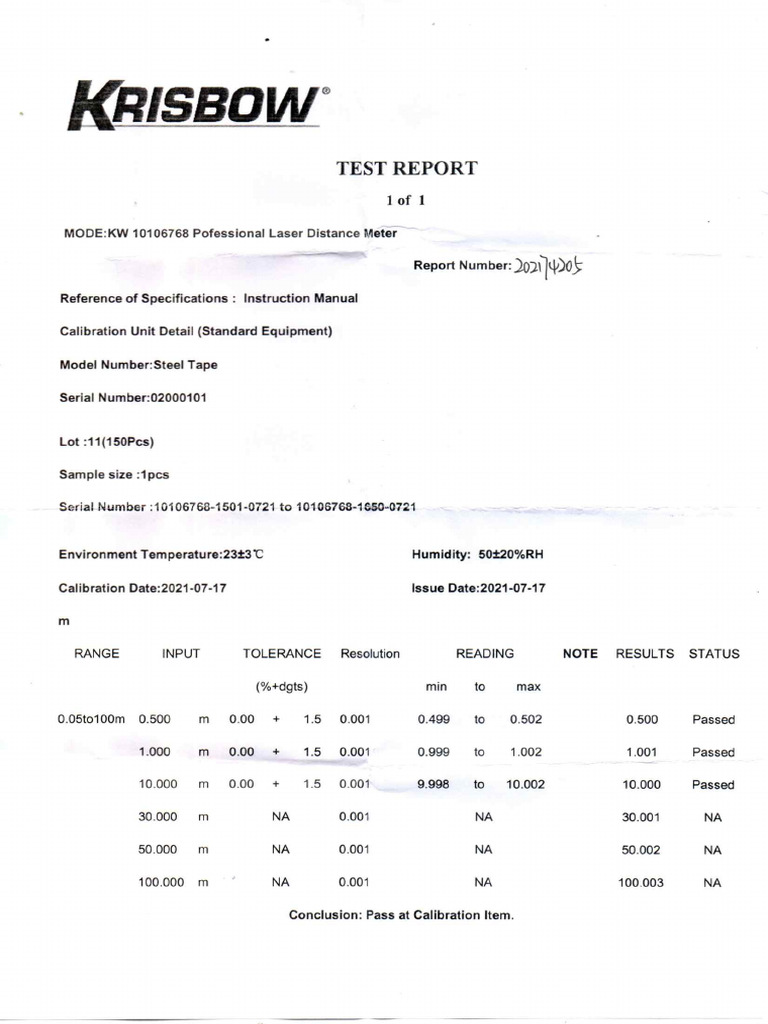 Test Report Laser Distance | PDF