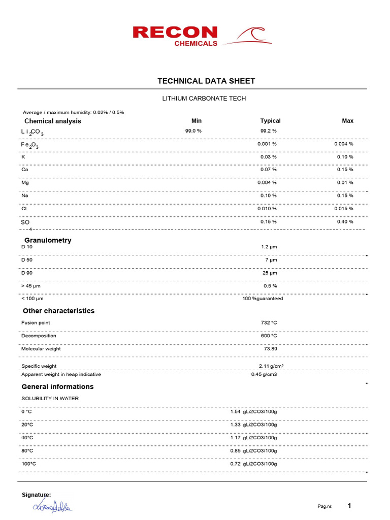 Lithium Carbonate TDS | PDF