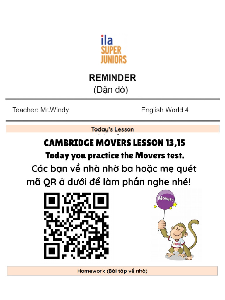 CAMBRIDGE MOVERS LESSON 13,15 - Google Docs | PDF