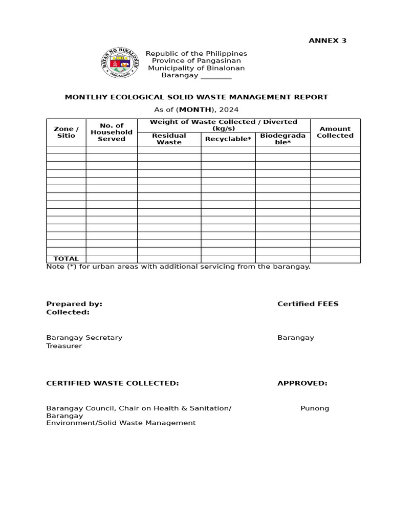 ANNEX 3 - Monthly Ecological Solid Waste Management Report | PDF ...