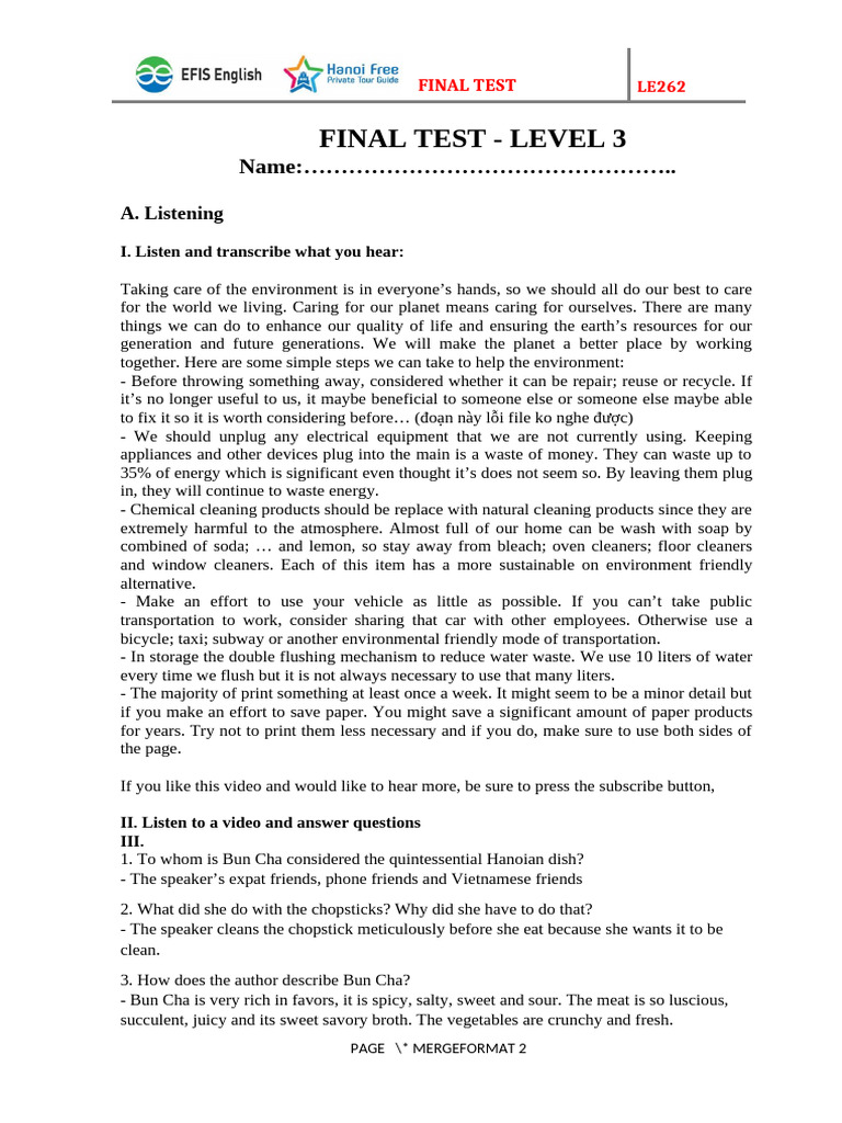 Student - Final Test - Level 3 - LE262 | PDF