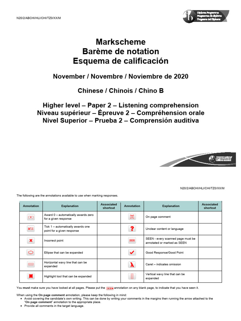 2021.1 Chinese B Paper 2 Listening Specimen Paper Markscheme | PDF