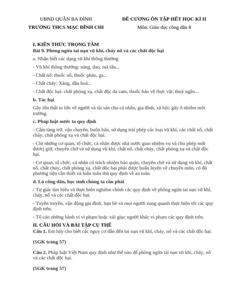 ĐỀ CƯƠNG ÔN TẬP HKII GDCD8 | PDF