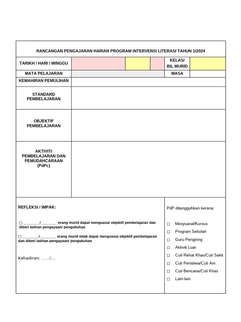 RANCANGAN PENGAJARAN HARIAN PROGRAM INTERVENSI LITERASI TAHUN 1 | PDF