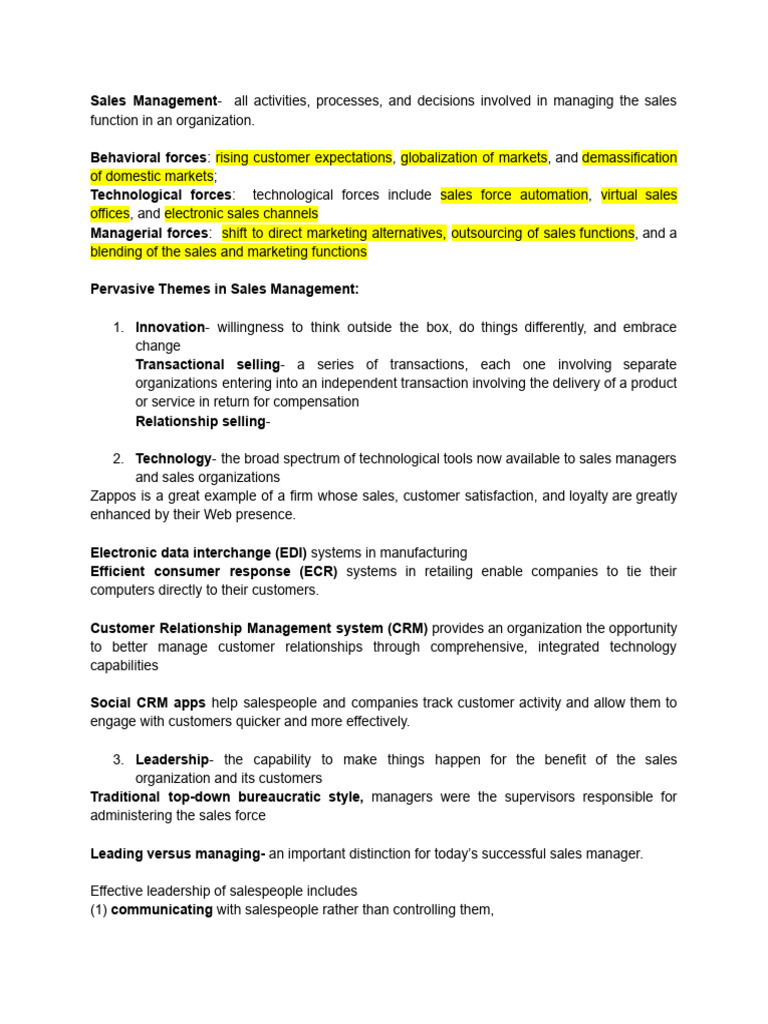 Introductioon To Sales Management Notes PD | PDF | Sales | Servant ...