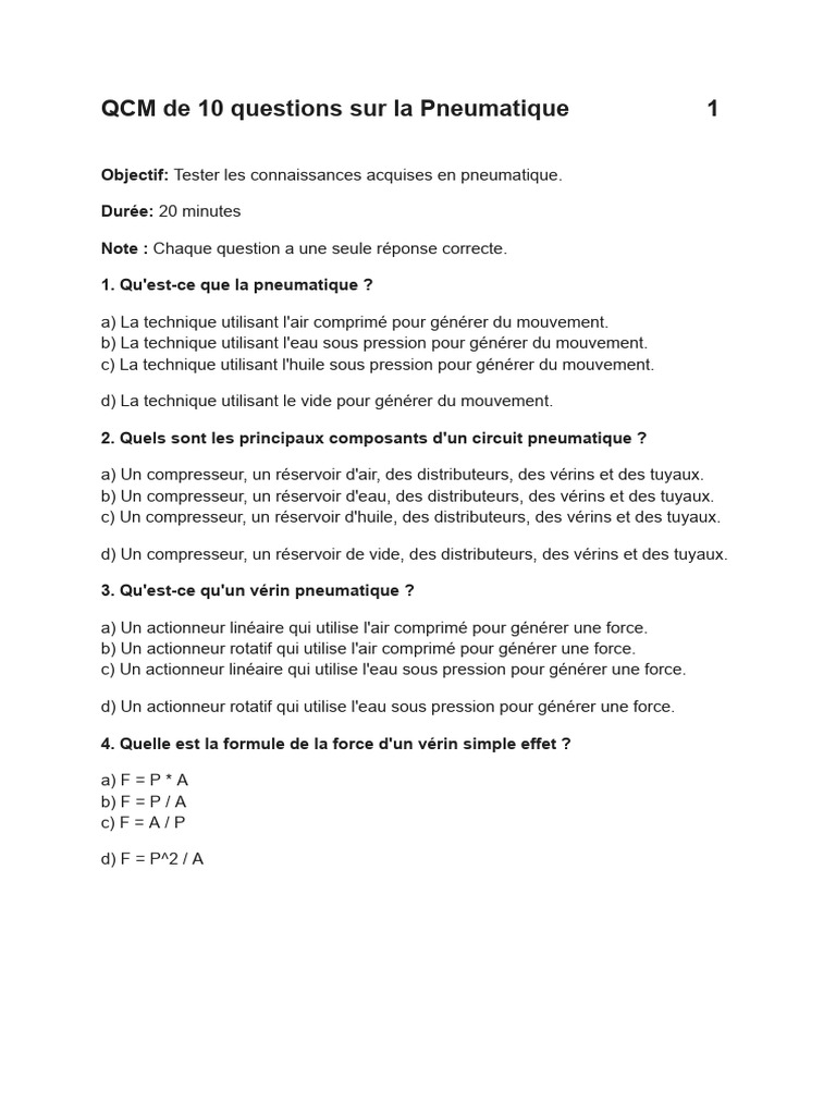 QCM de 10 Questions Sur La Pneumatique | PDF