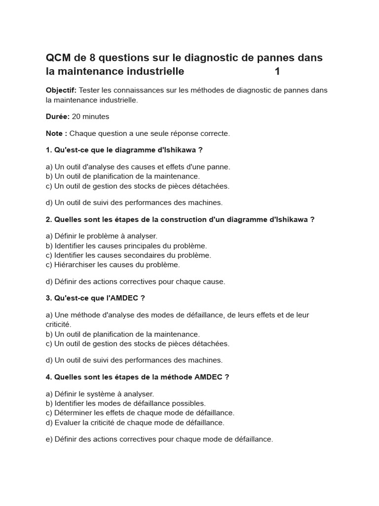 QCM de 8 Questions Sur Le Diagnostic de Pannes Dans La Maintenance ...