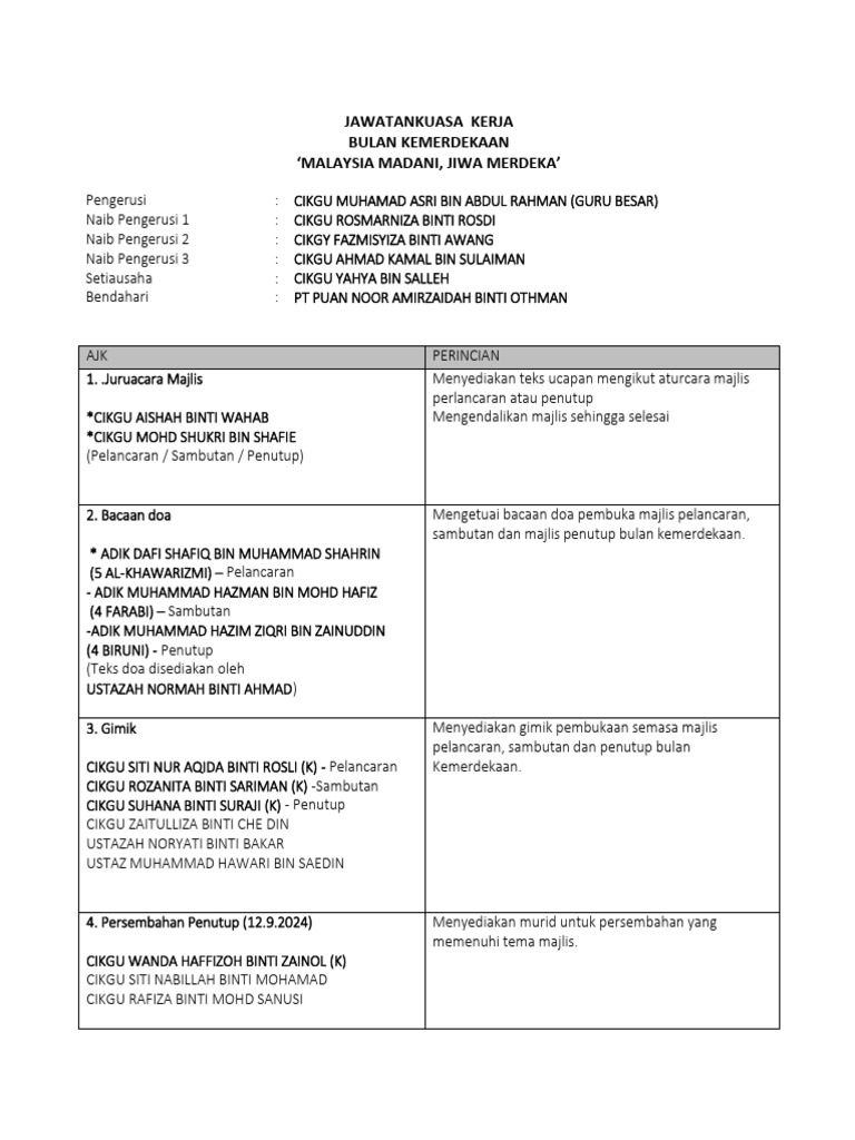 Jawatankuasa Kerja Bulan Kemerdekaan 2024 | PDF