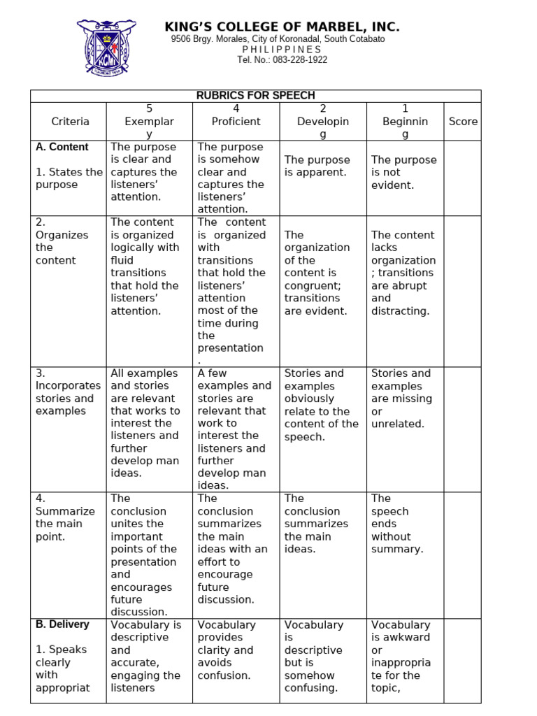 Rubrics For Speech | PDF