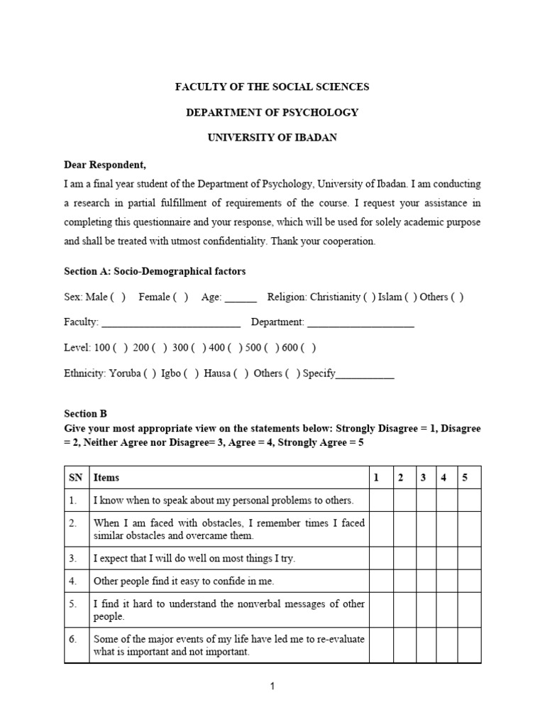 Questionnaire - The Role of Emotional Intelligence, Self-Esteem, Self ...