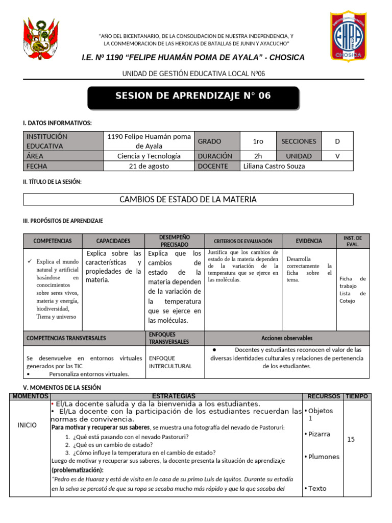 SESIÓN DE APRENDIZAJE 06 cAMBIOSDEstados DE La Materia | PDF