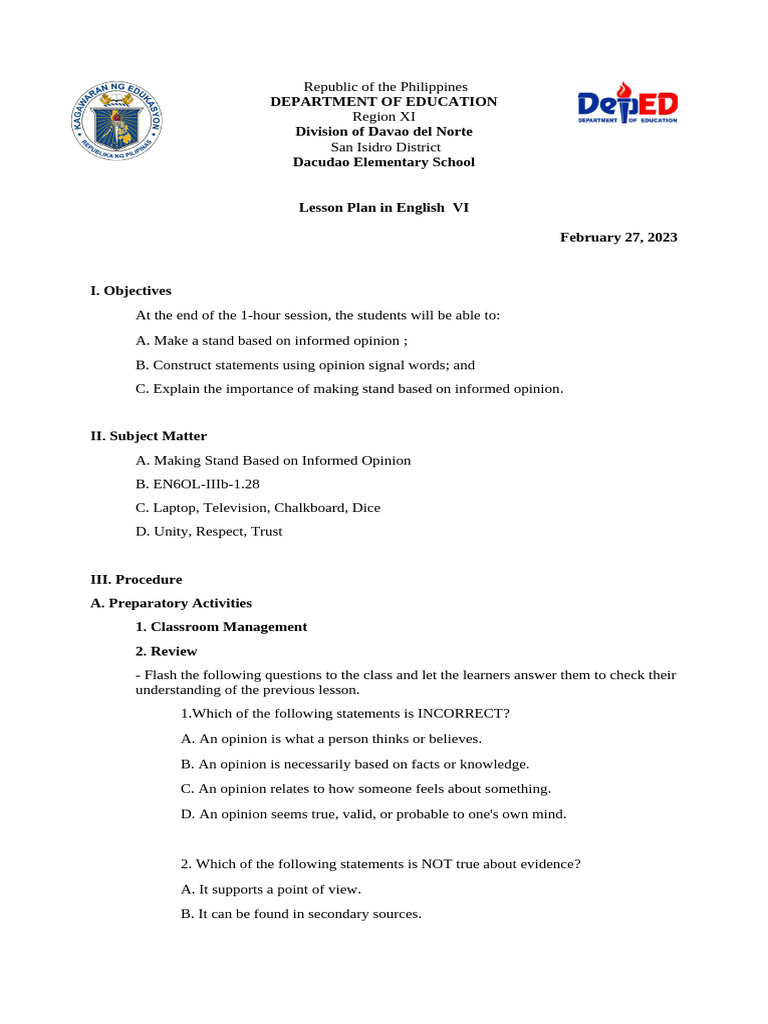 ENGLISH VI Lesson Plan | PDF