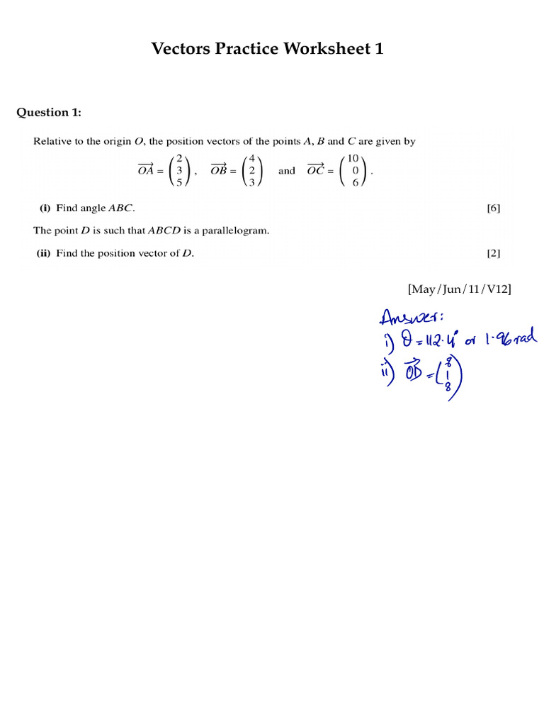 Vectors Worksheet 1 | PDF