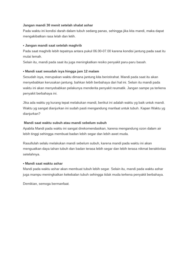 Jangan Mandi 30 Menit Setelah Shalat Ashar | PDF