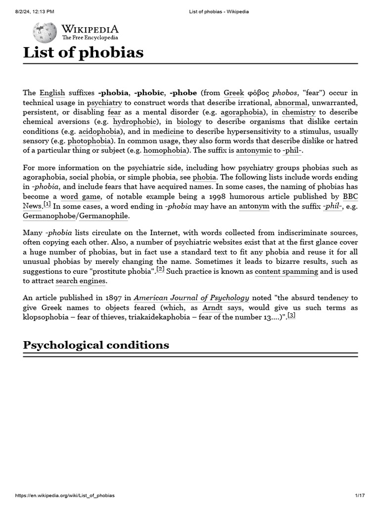 List of Phobias - Wikipedia | PDF | Phobia | Social Science