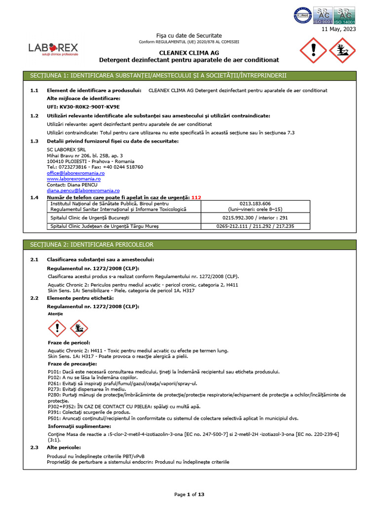 4.2. Fişa Cu Date de Securitate CLEANEX CLIMA AG | PDF