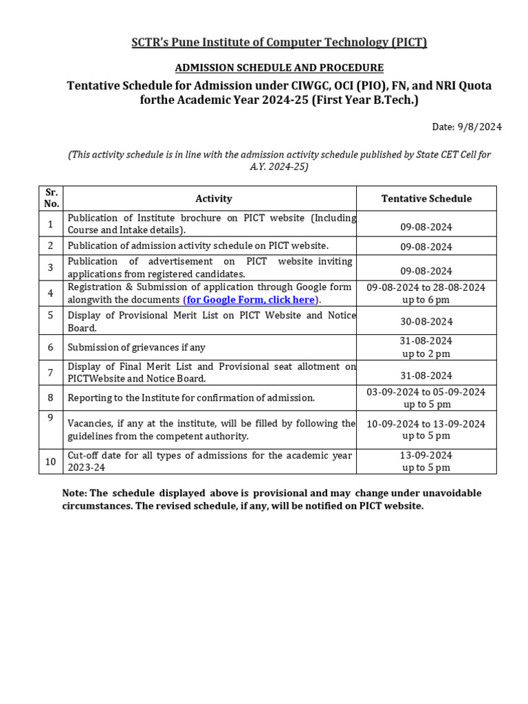PICT NRI Quota Admission Schedule 2024 | PDF
