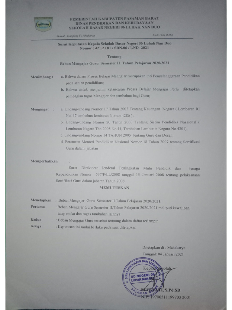 SK Beban Tugas 4 JANUARI 2021 | PDF