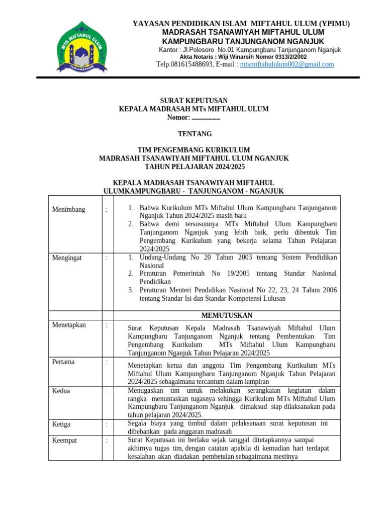 SK Tim Pengembang Kurikulum 2024 | PDF