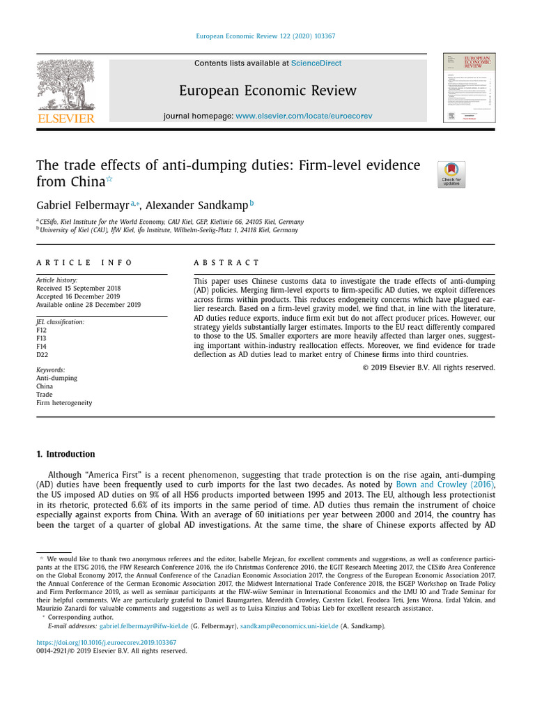 The Trade Effects of Anti-Dumping DutiesFirm-level Evidencefrom China | PDF